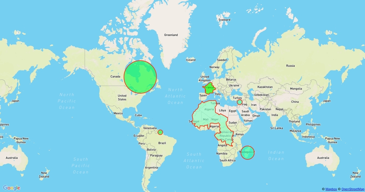 Map representing the countries where the French language is spoken ...